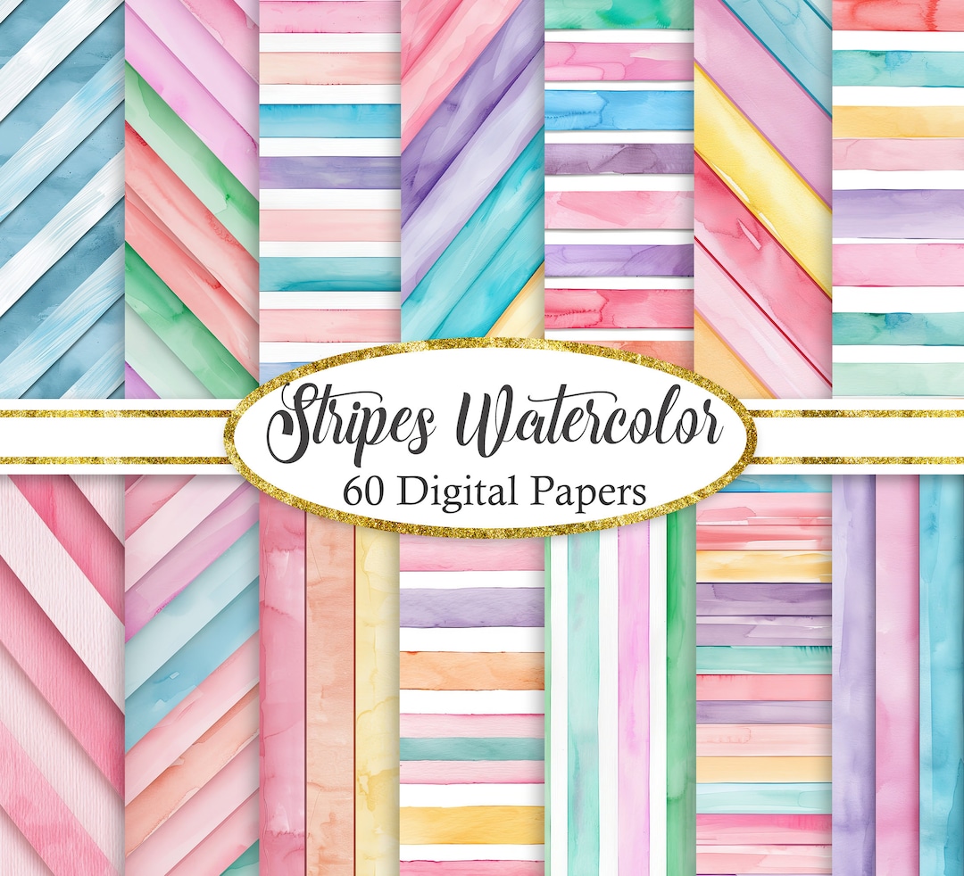 Stripes Digital Paper, Watercolor Stripes Background Bundle, Scrapbook ...