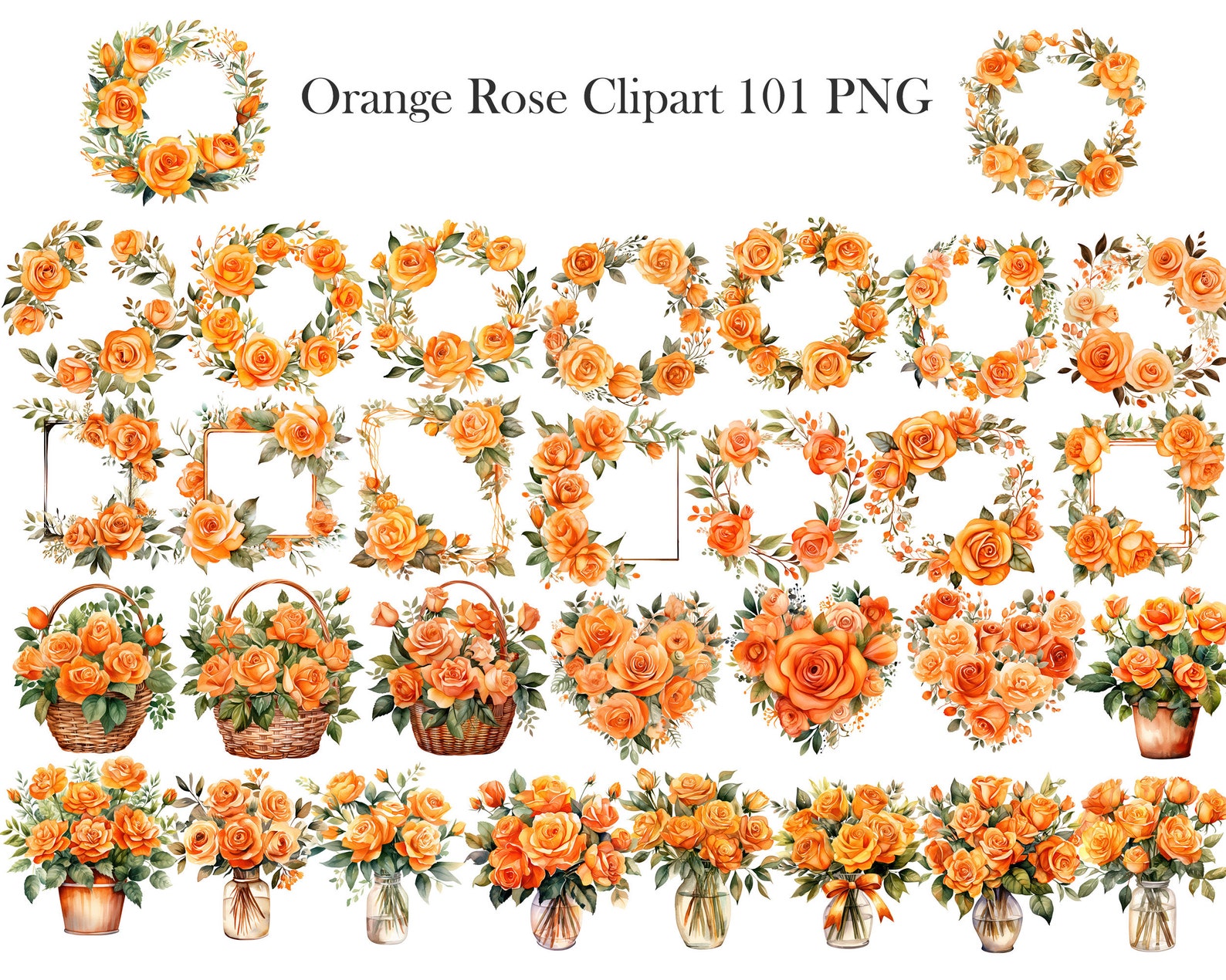 Orange Rose PNG, Watercolor Orange Rose Clipart Bundle, Wedding Bouquet ...