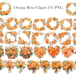 Orange Rose PNG, Watercolor Orange Rose Clipart Bundle, Wedding Bouquet ...