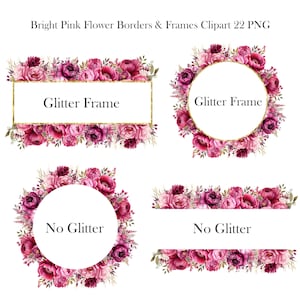 Bright Pink Flower Border Clipart, Watercolor Flower Border PNG Bundle ...