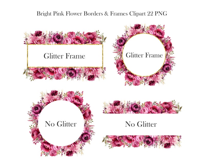 Bright Pink Flower Border Clipart, Watercolor Flower Border PNG Bundle ...