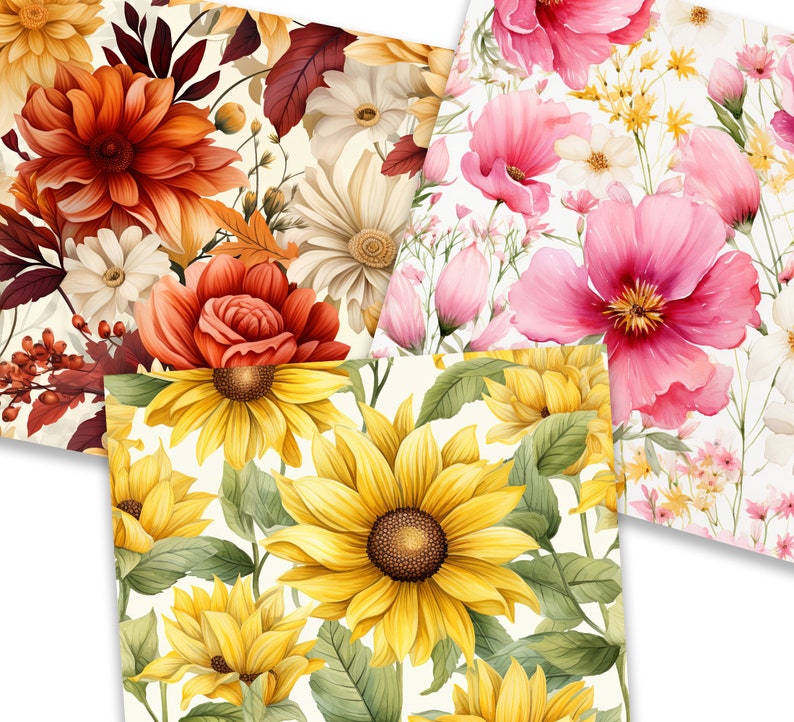 Flower Digital Paper Bundle, Watercolor Floral Background, Scrapbook ...
