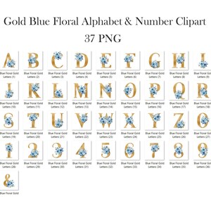 Blue Floral Alphabet Clipart, Flower Alphabet PNG, Gold Letters and ...