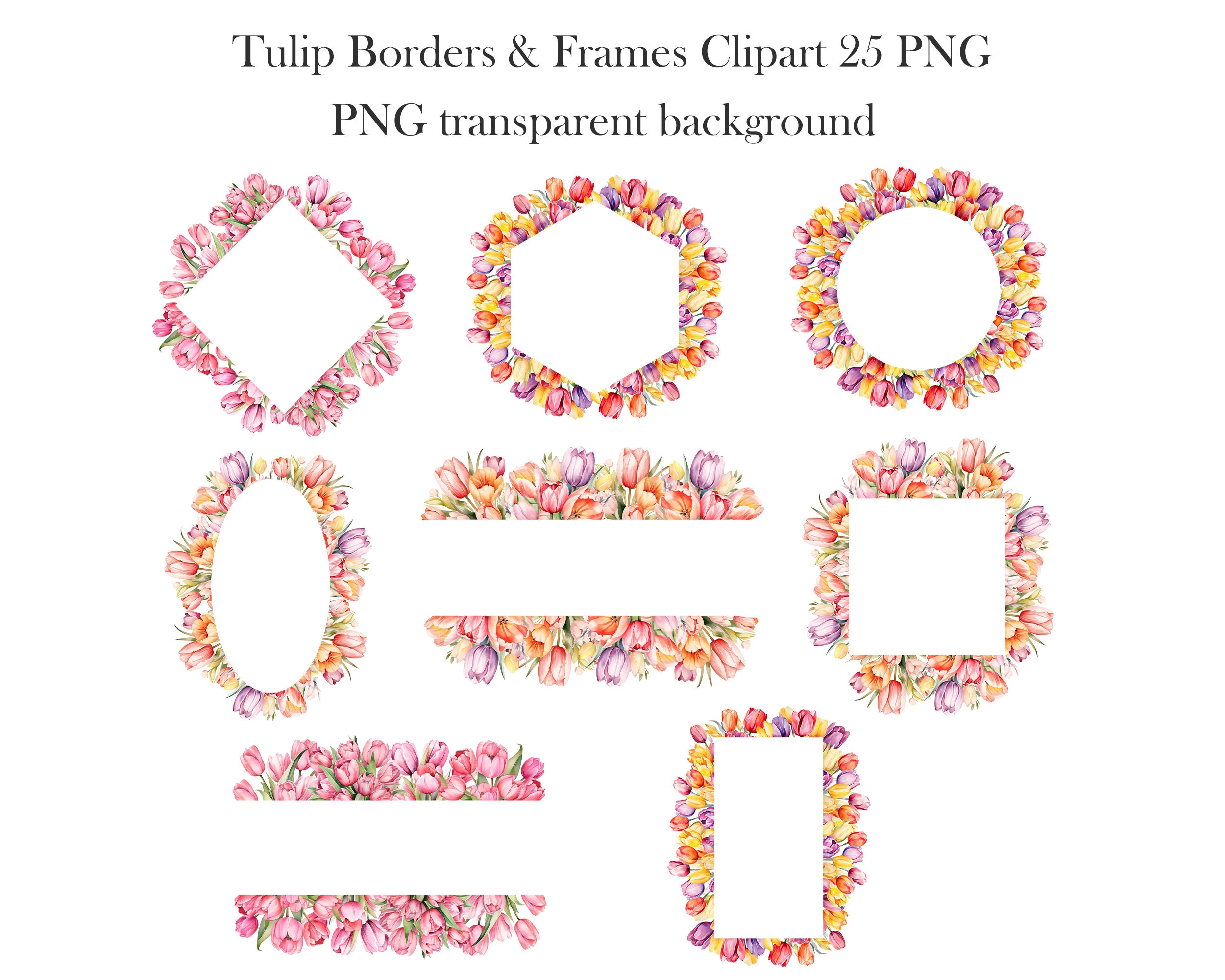 Tulip Border Clipart, Watercolor Tulip Frame Clipart Bundle, Flower ...