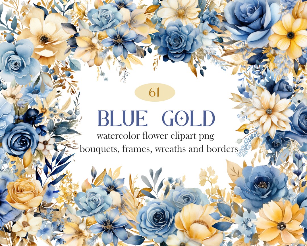 Blue Gold Flower PNG, Watercolor Flower Clipart, Wedding Floral Bouquet ...