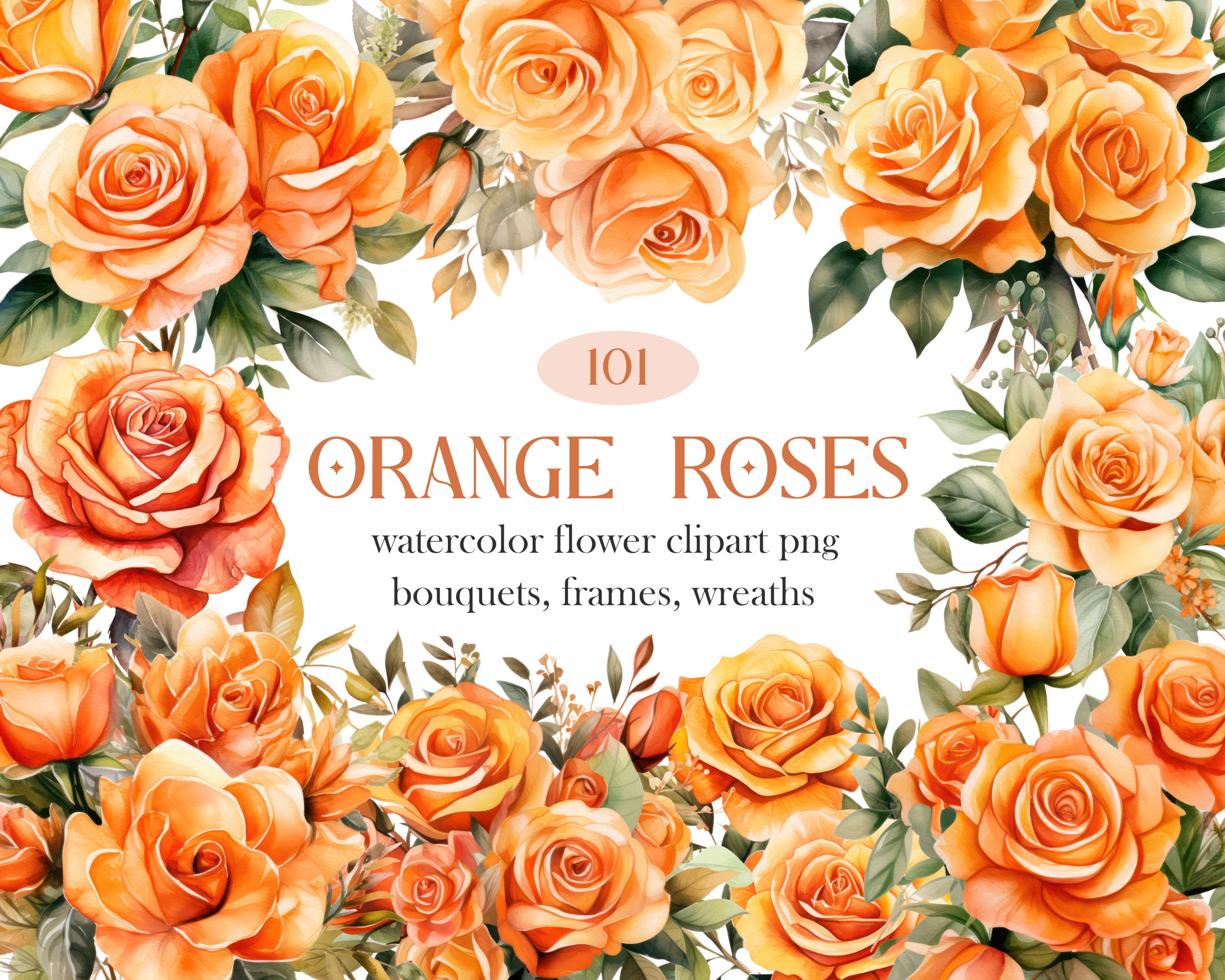 Orange Rose PNG, Watercolor Orange Rose Clipart Bundle, Wedding Bouquet ...