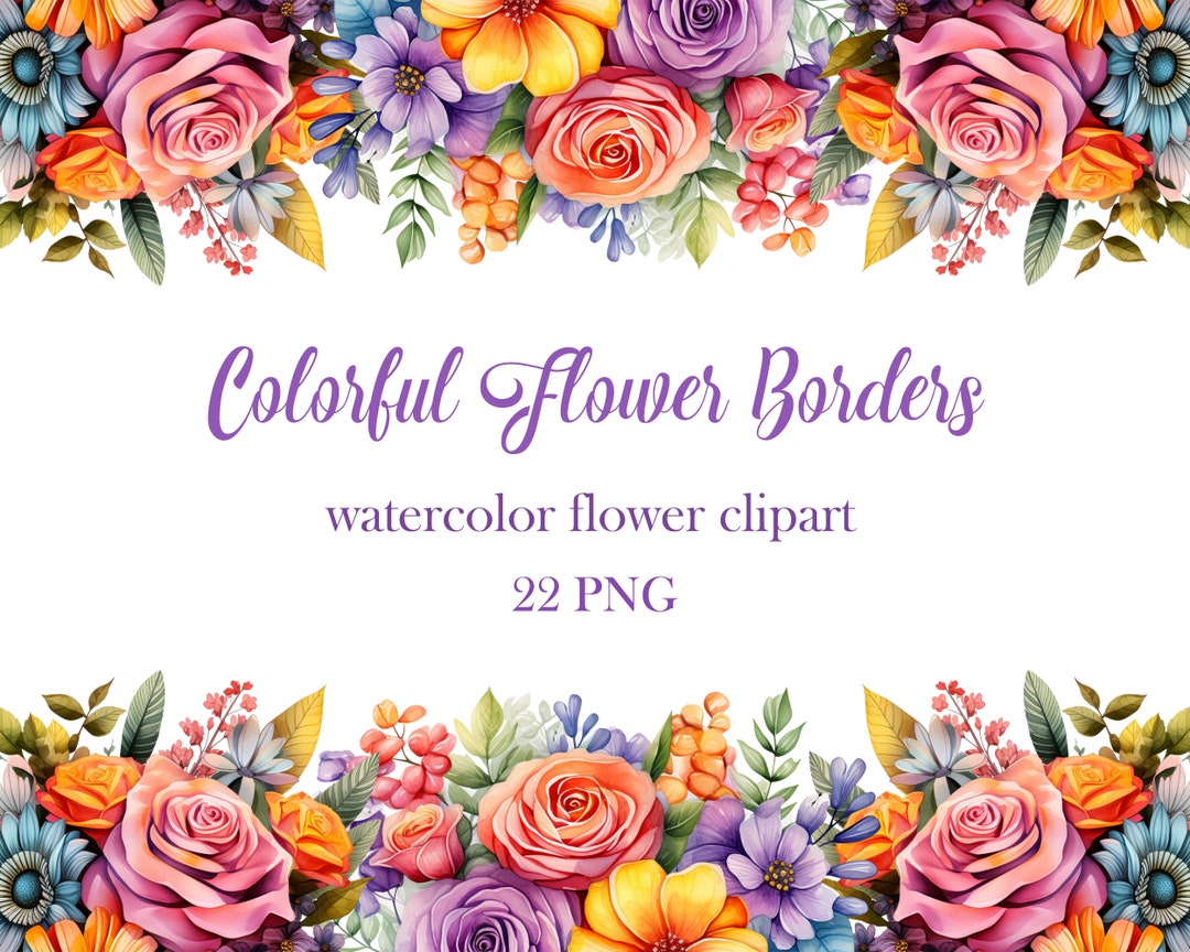 Colorful Flower Border Clipart, Watercolor Rainbow Flower Frame PNG ...
