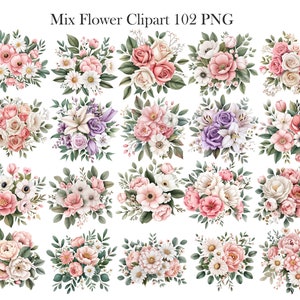 Mix Flower Clipart Bundle, Watercolor Floral PNG, Wedding Bouquet ...