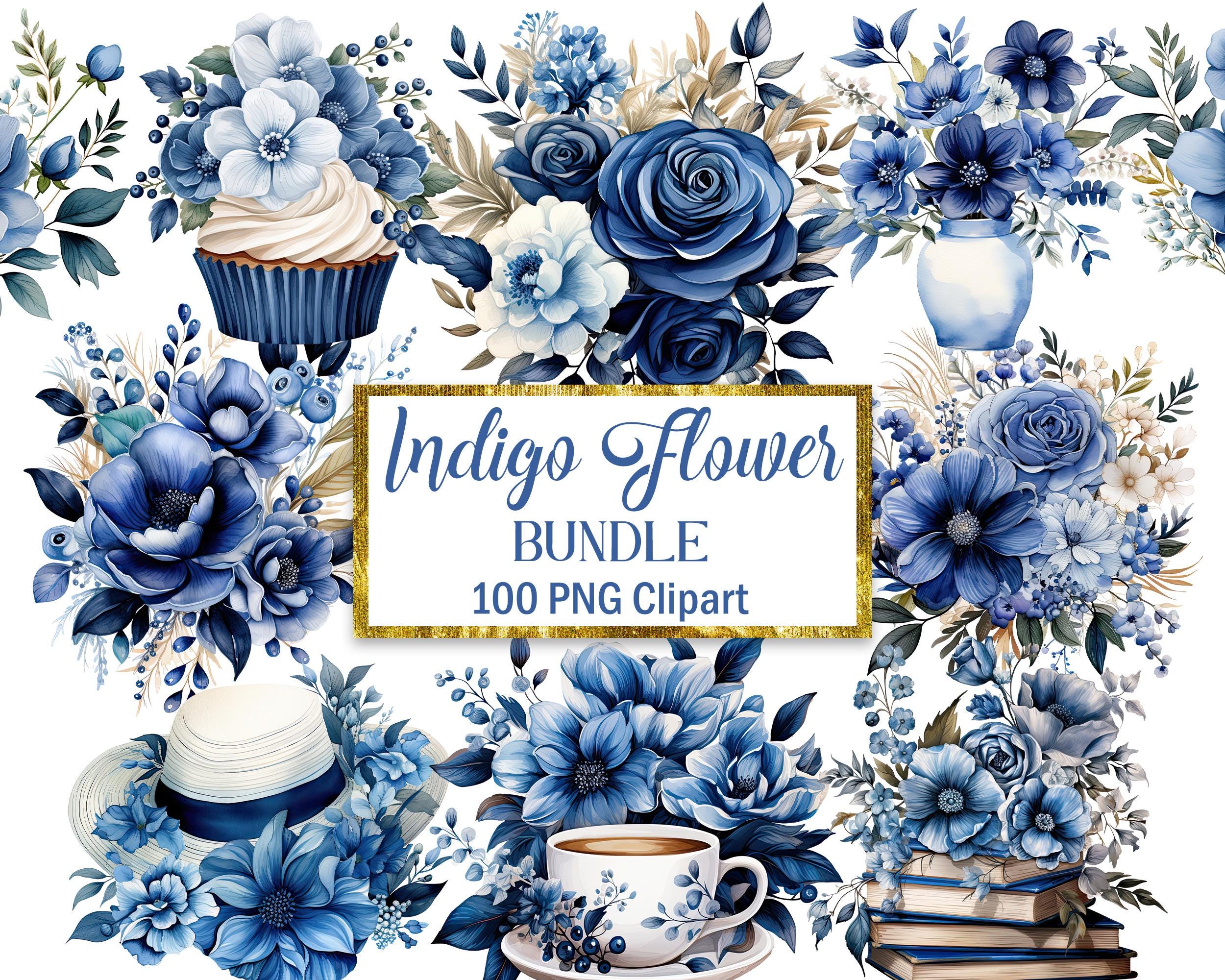 Indigo Blue Flower PNG Bundle, Watercolor Indigo Floral Clipart, Flower ...