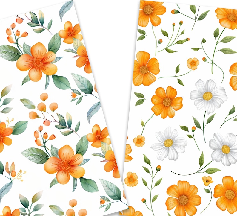 Orange Flower Digital Paper, Watercolor Orange Floral Background ...