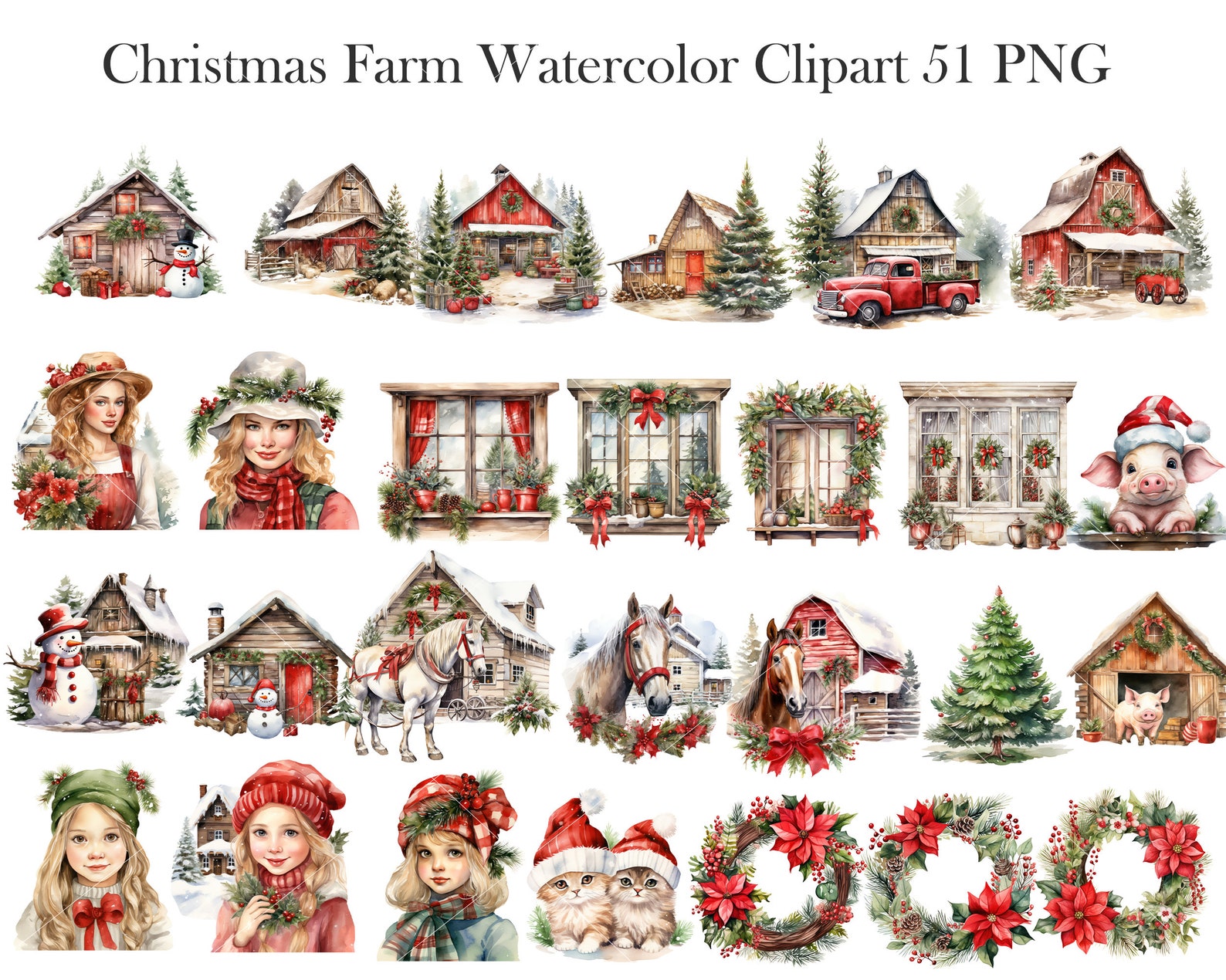 Christmas Farm Watercolor Clipart Bundle, Christmas Sublimation ...