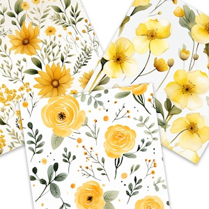 Yellow Flower Digital Paper, Flower Seamless Pattern, Watercolor Floral ...