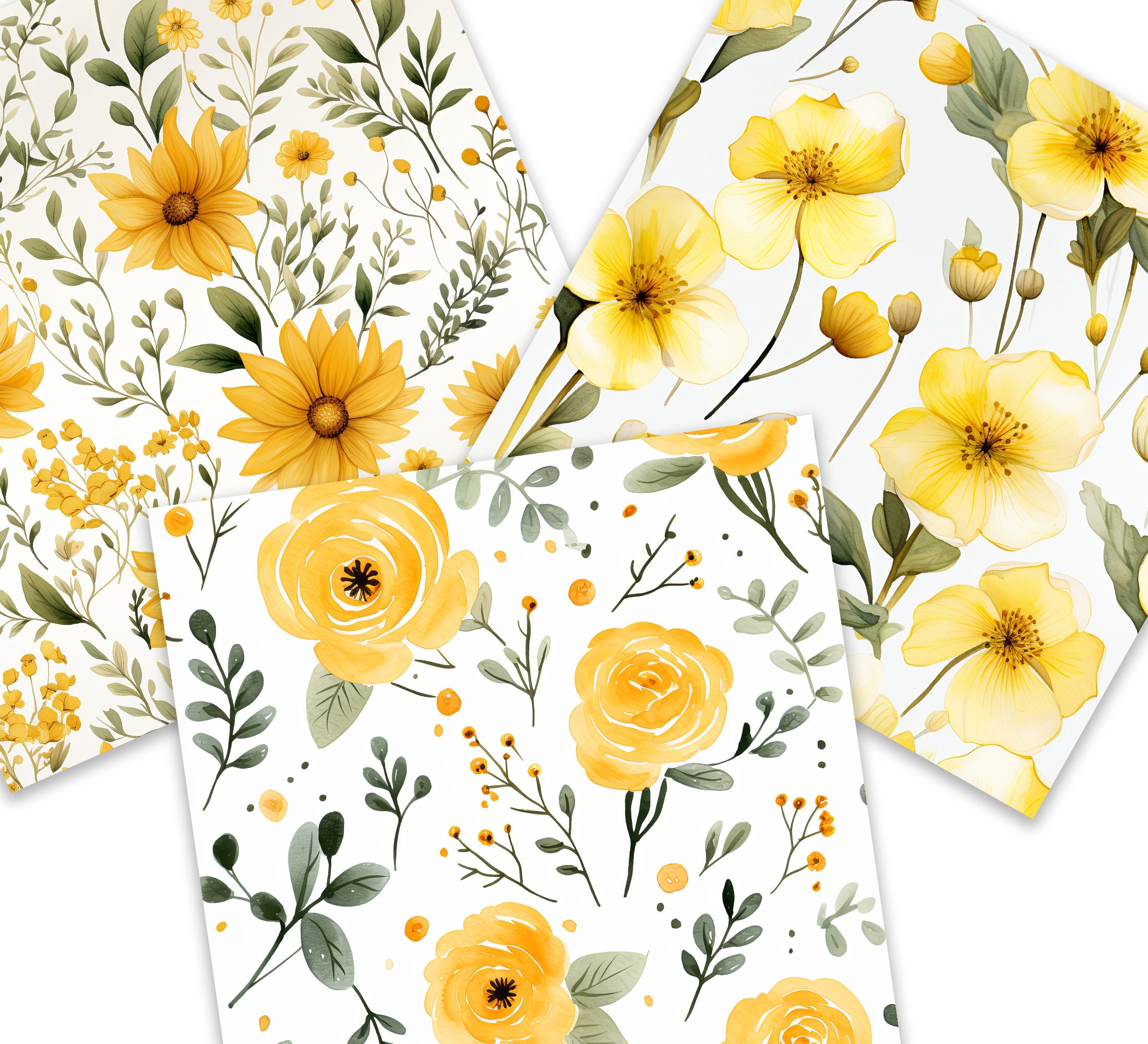 Yellow Flower Digital Paper, Flower Seamless Pattern, Watercolor Floral ...