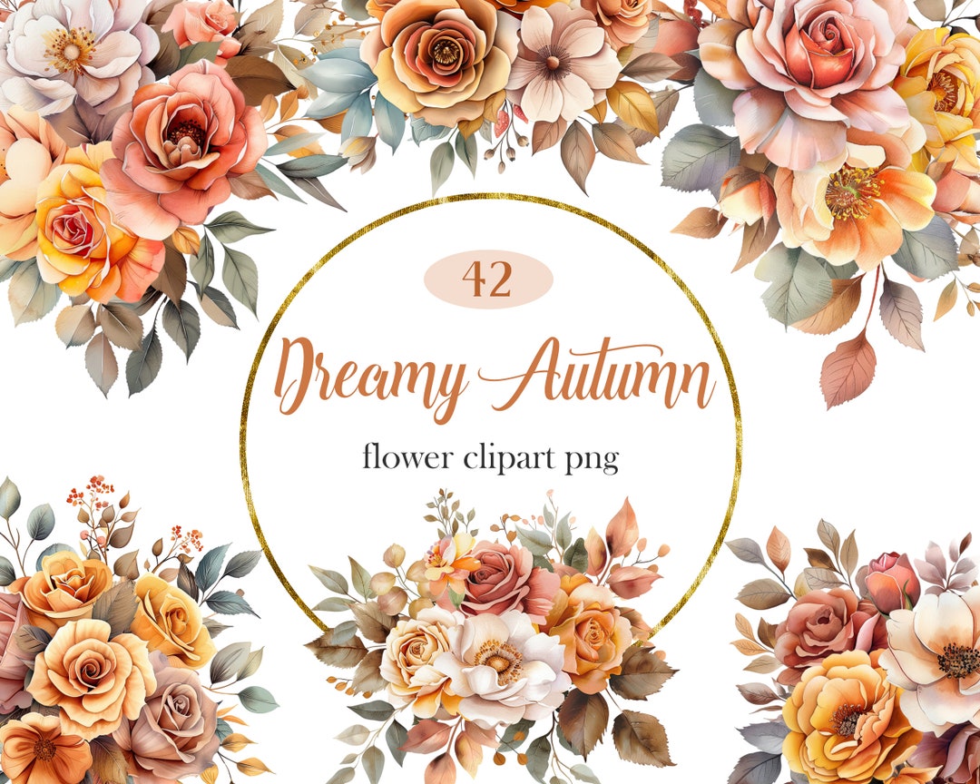 Autumn Flower Clipart, Watercolor Fall Flower PNG Bundle, Bouquet ...