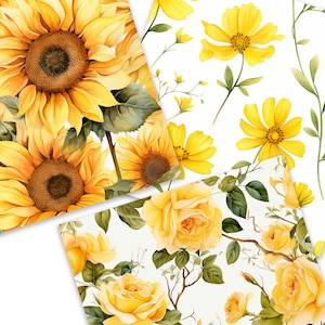 Yellow Flower Digital Paper, Flower Seamless Pattern, Watercolor Floral ...