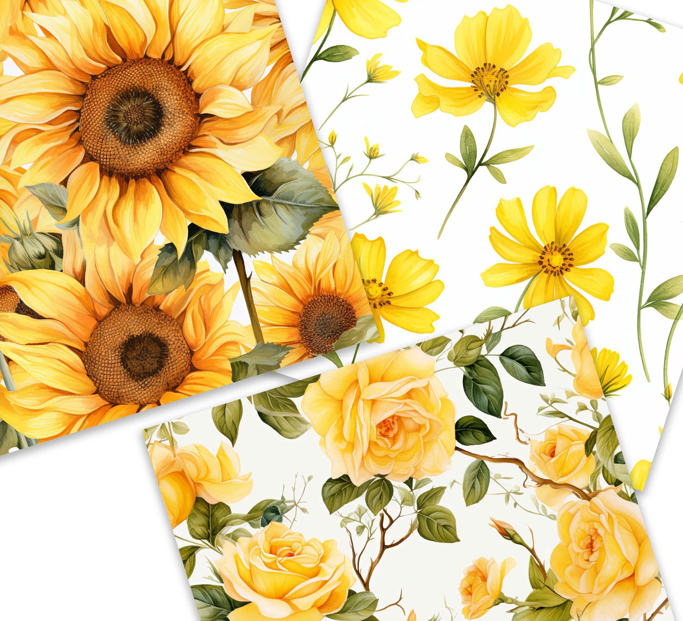 Yellow Flower Digital Paper, Flower Seamless Pattern, Watercolor Floral ...