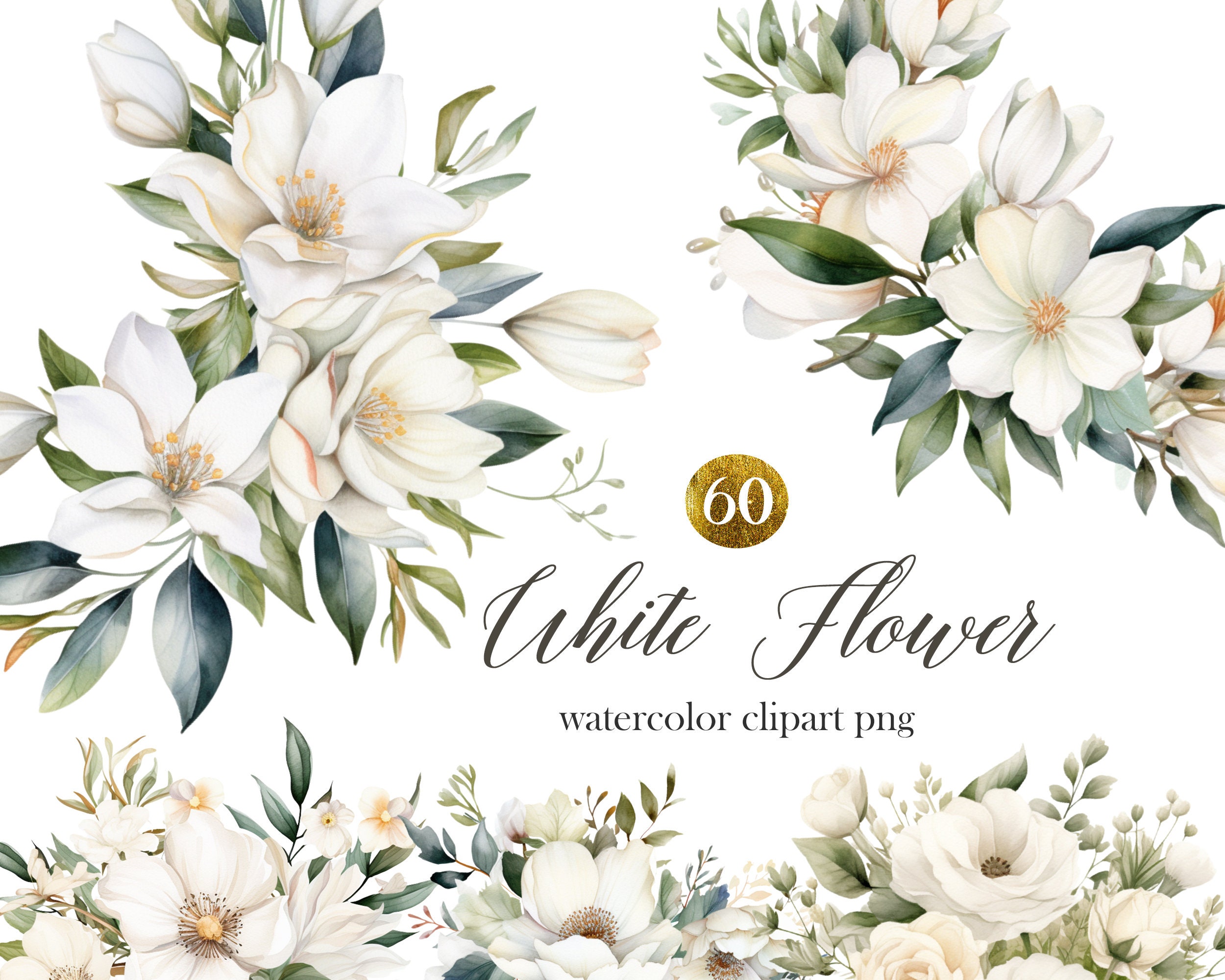 White Flower PNG, Watercolor Floral Clipart Bouquet, Wreath, Digital ...