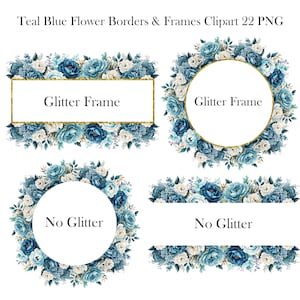 Teal Blue Flower Border Clipart, Watercolor Blue Floral PNG, Flower ...