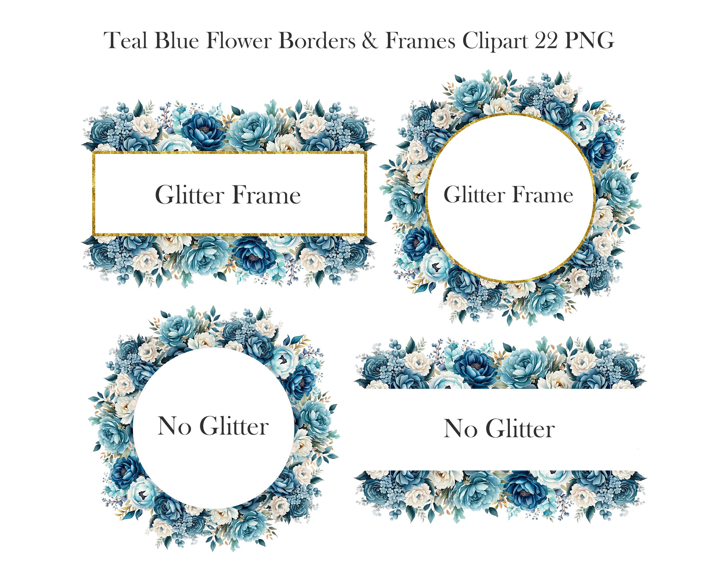 Teal Blue Flower Border Clipart, Watercolor Blue Floral PNG, Flower ...