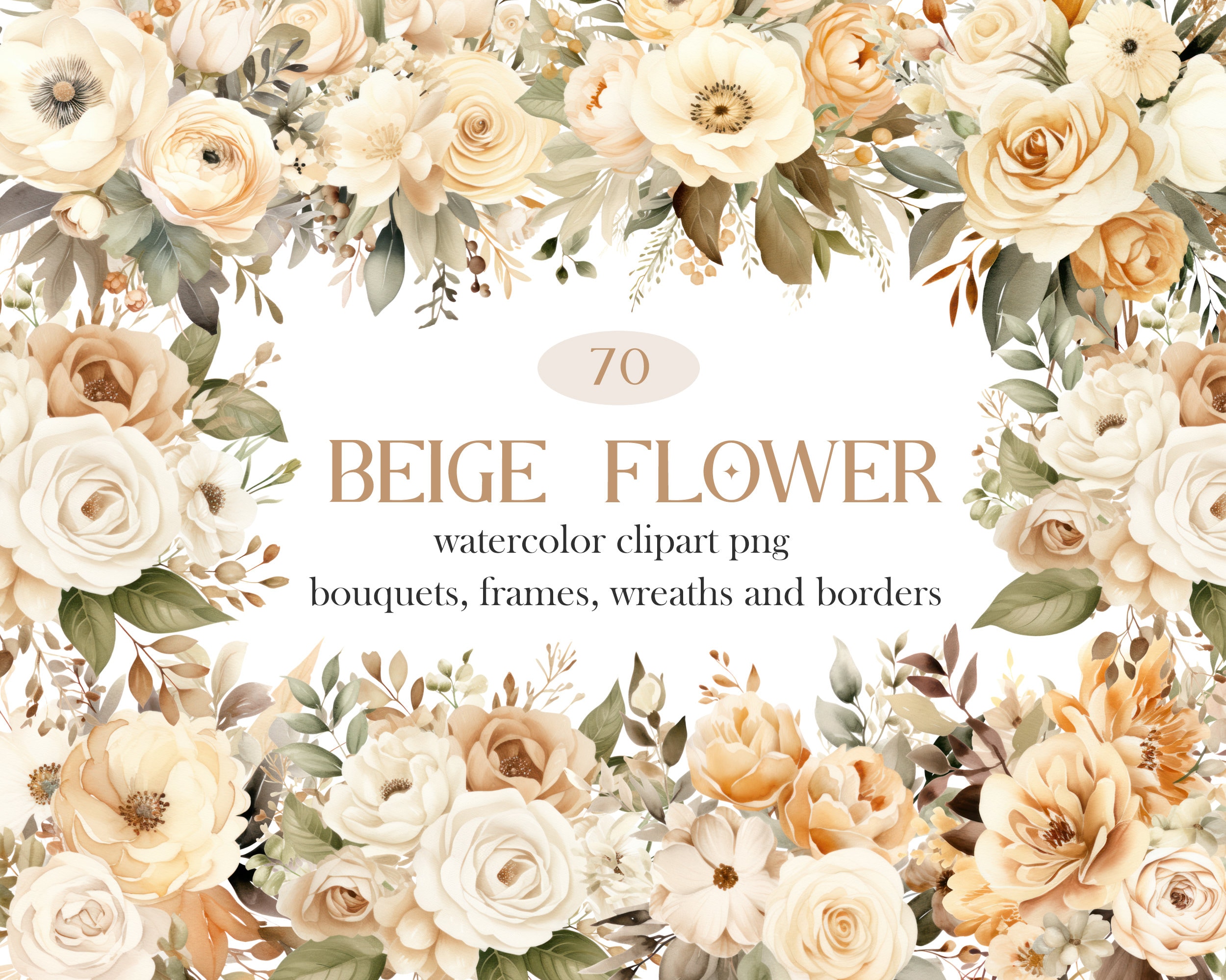 Beige Flower PNG Clipart, Watercolor Floral PNG, Flower Bouquet Wreath ...