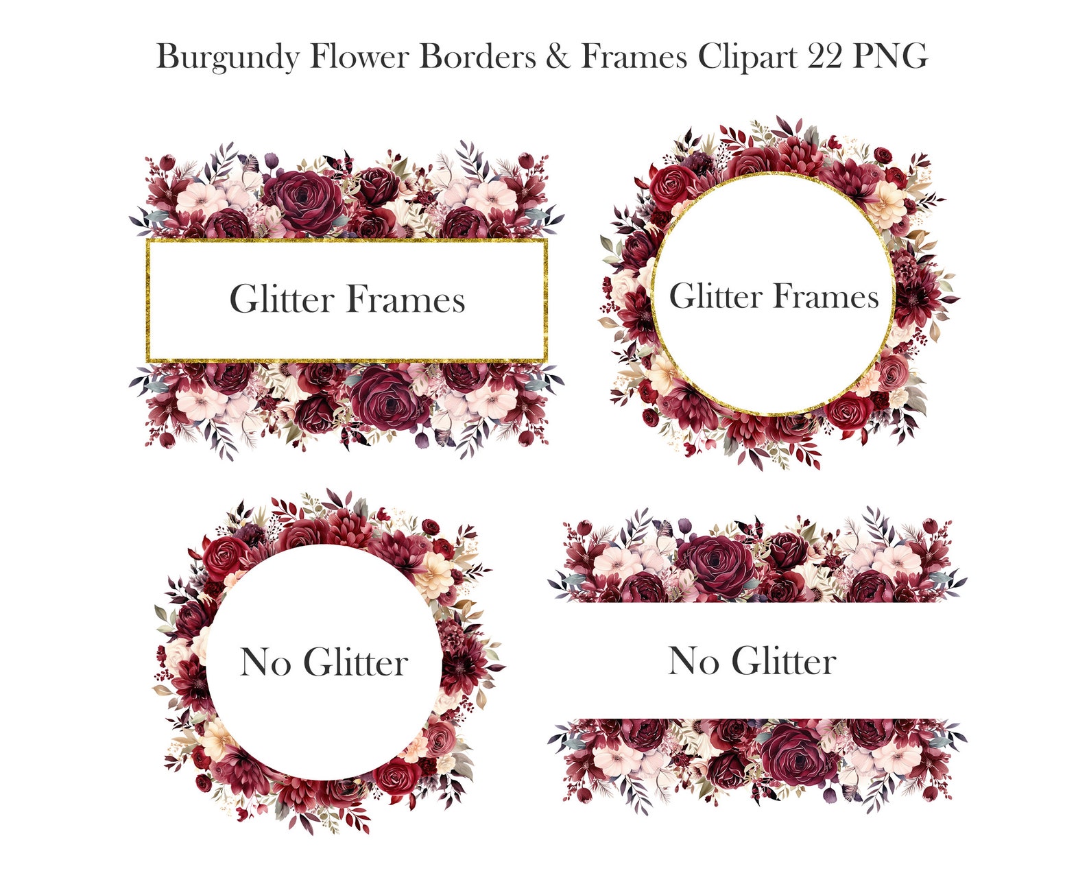 Burgundy Flower Border Clipart, Watercolor Flower Border PNG, Wedding ...