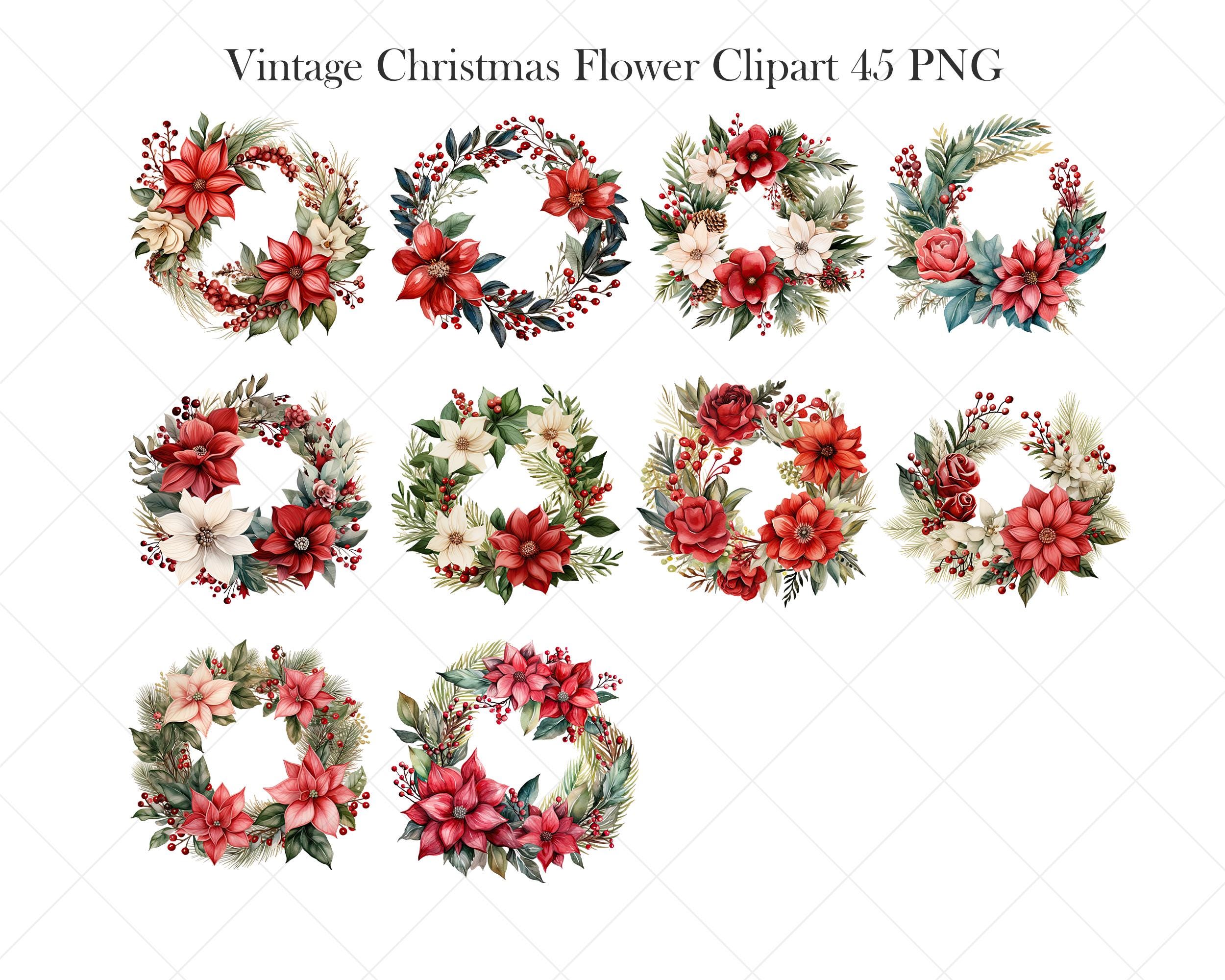 Vintage Christmas Flower Clipart, Watercolor Christmas Floral PNG ...