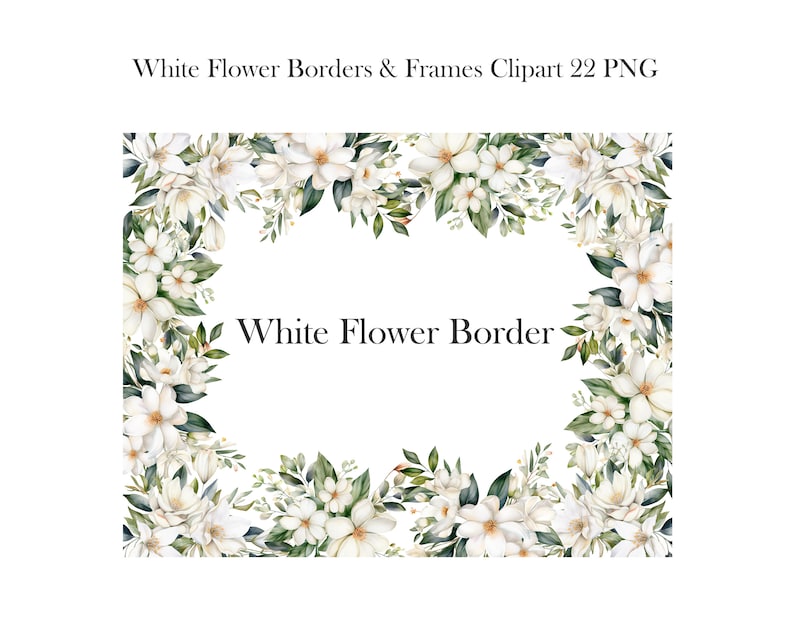 White Flower Border Clipart, Watercolor Floral Clipart Bundle, Wedding ...