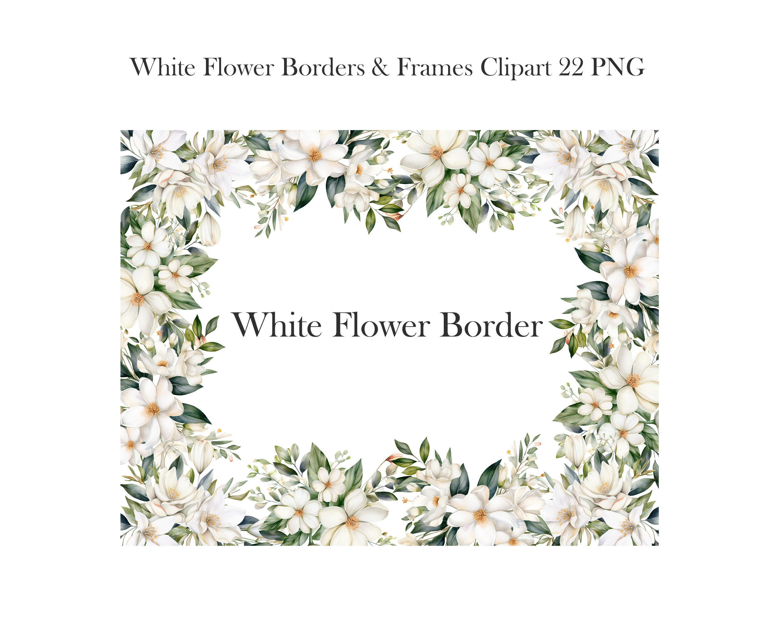 White Flower Border Clipart, Watercolor Floral Clipart Bundle, Wedding ...