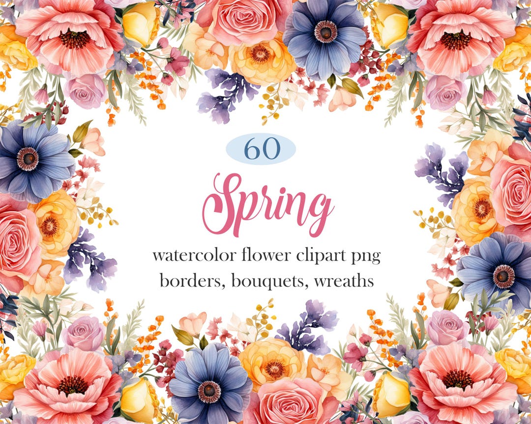 Spring Flower Clipart, Watercolor Floral PNG Bundle, Flower Border ...