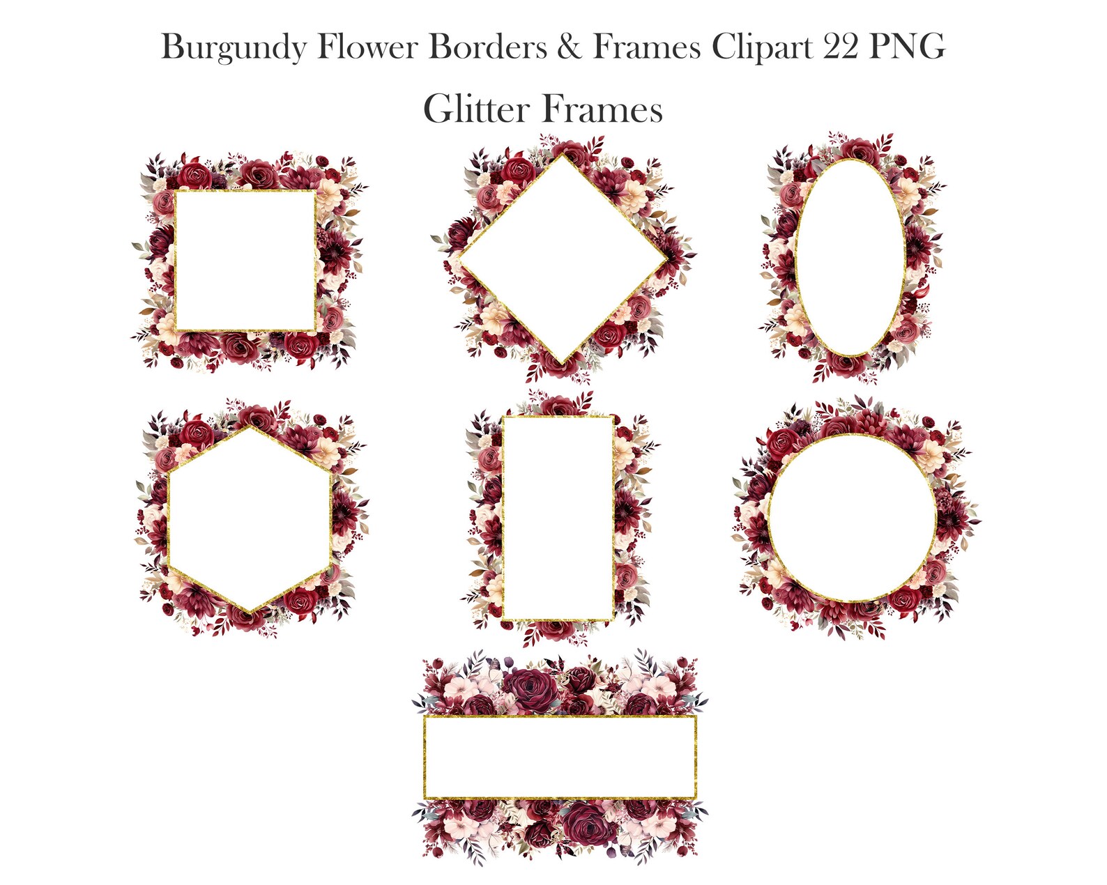 Burgundy Flower Border Clipart, Watercolor Flower Border PNG, Wedding ...