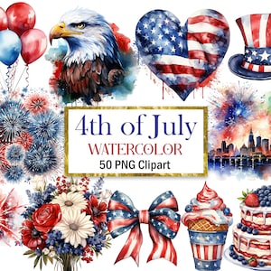 4th of July Clipart Bundle, Watercolor Patriotic Clipart PNG ...