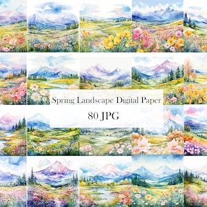 Spring Landscape Digital Paper, Watercolor Spring Scene Background ...