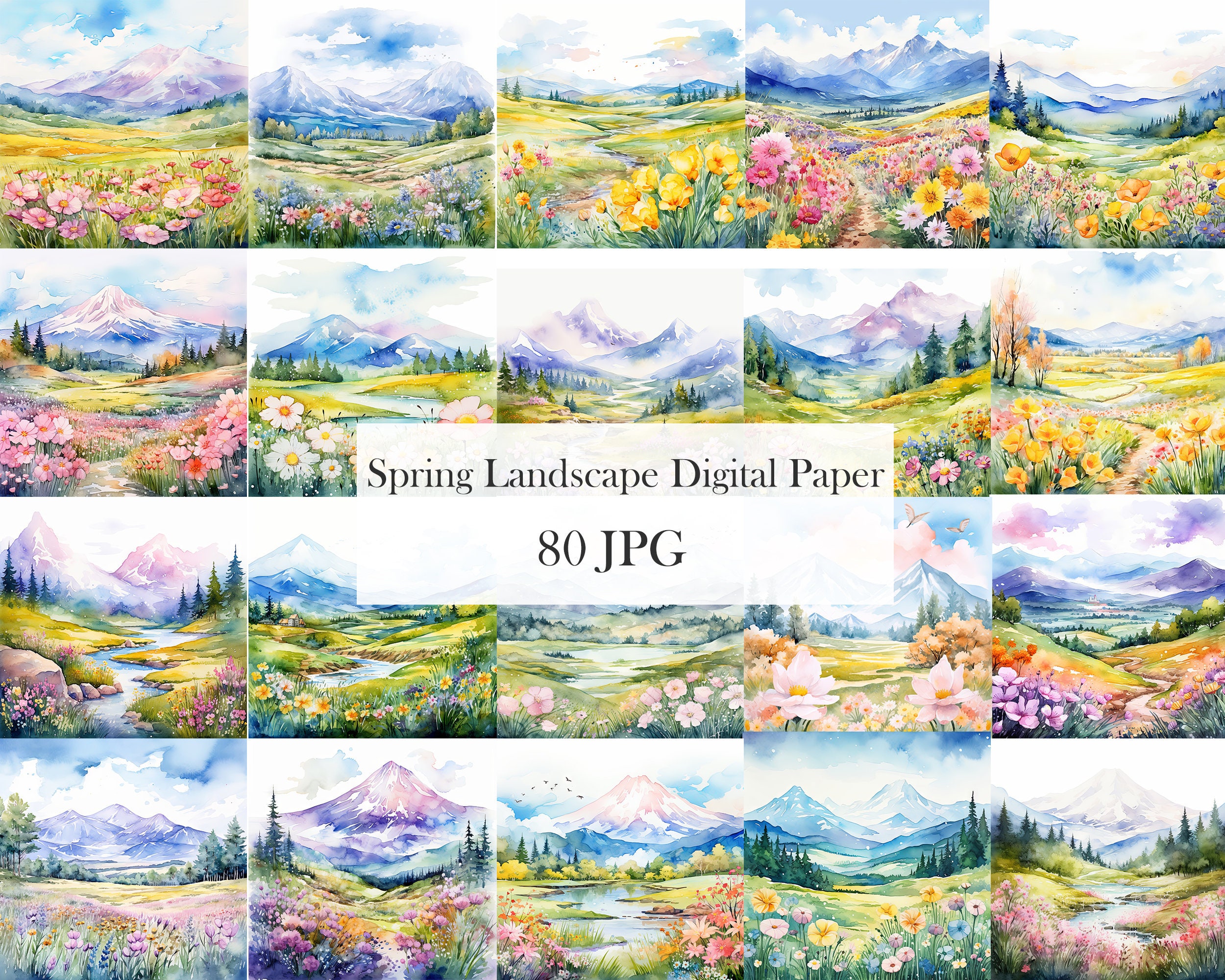Spring Landscape Digital Paper, Watercolor Spring Scene Background ...