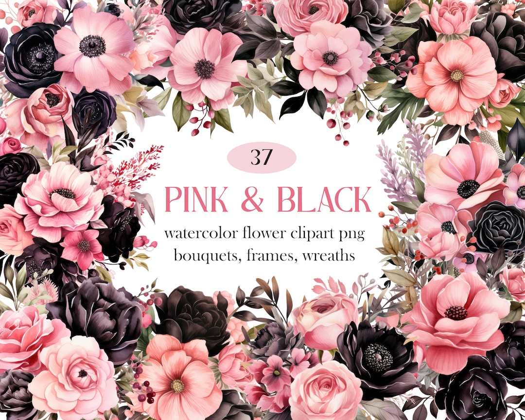 Pink Flower and Black PNG, Watercolor Pink Floral Clipart, Flower ...
