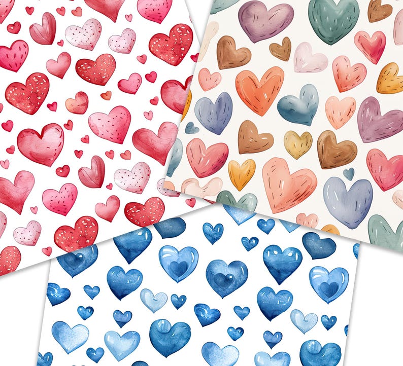 Heart Digital Paper, Valentine Background, Watercolor Heart, Scrapbook ...