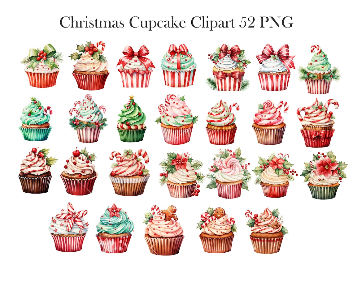 Christmas Cupcake Clipart Bundle, Watercolor Christmas Dessert PNG ...