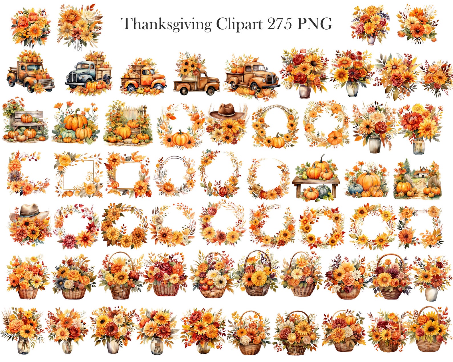 Thanksgiving PNG Bundle, Watercolor Thanksgiving Clipart Bundle, Fall ...