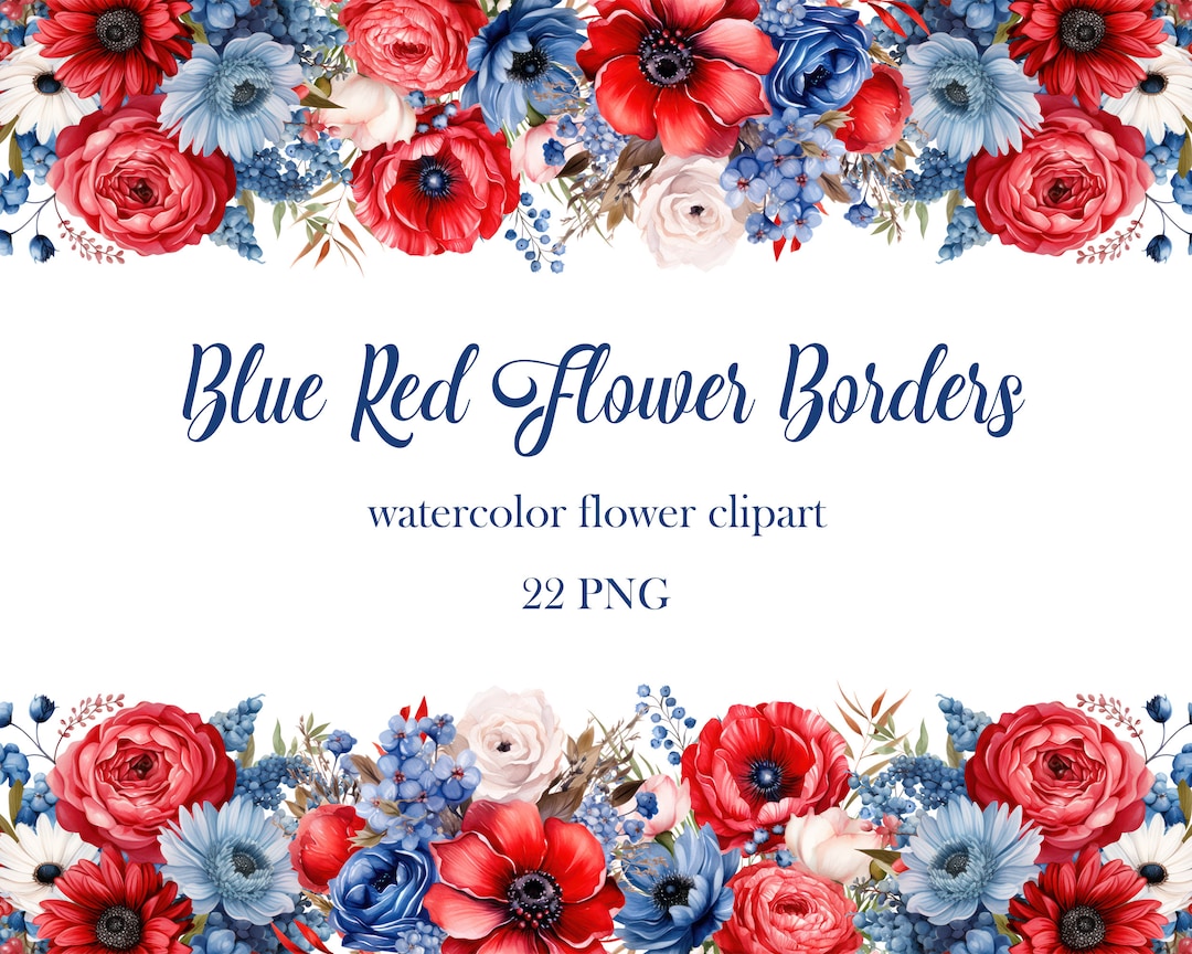 Blue Red Flower Border Clipart, Watercolor Flower PNG Bundle, Blue Red ...
