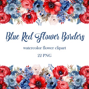 Blue Red Flower Border Clipart, Watercolor Flower PNG Bundle, Blue Red ...