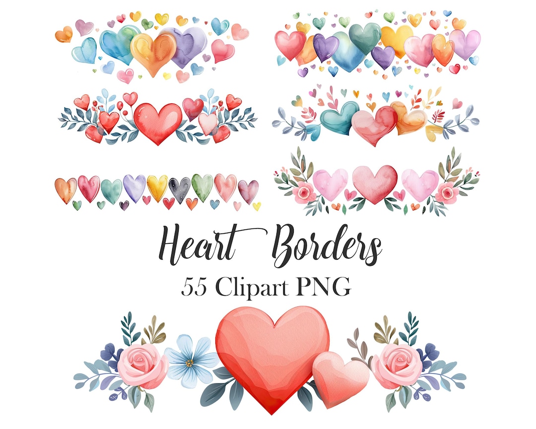 Heart Border Clipart, Valentine Borders, Watercolor Heart PNG, Digital ...