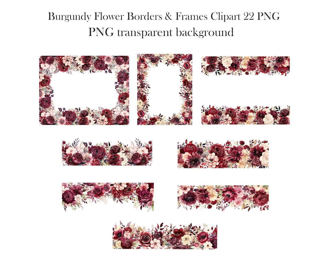 Burgundy Flower Border Clipart, Watercolor Flower Border PNG, Wedding ...