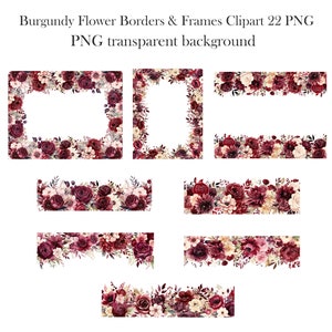 Burgundy Flower Border Clipart, Watercolor Flower Border PNG, Wedding ...