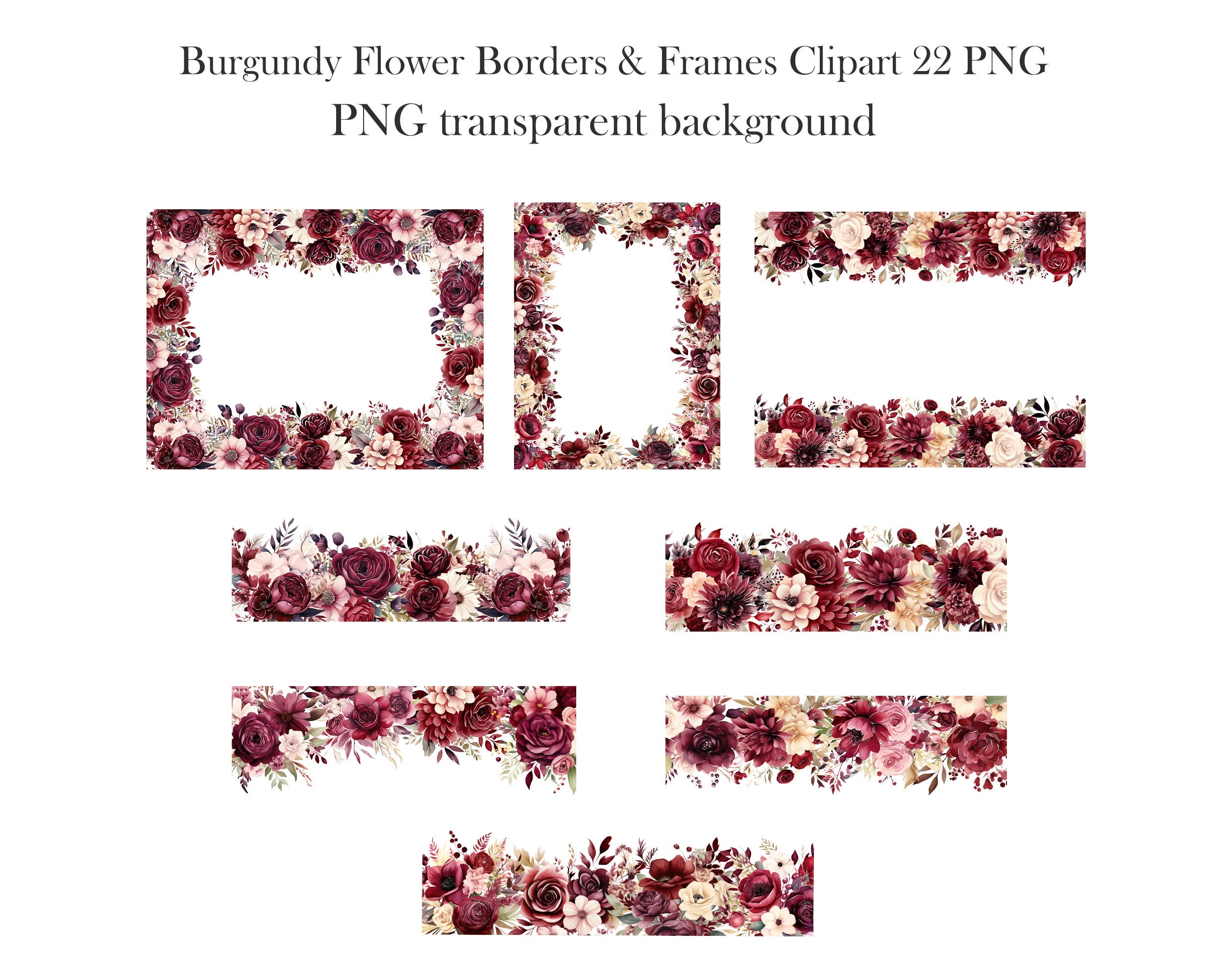 Burgundy Flower Border Clipart, Watercolor Flower Border PNG, Wedding ...