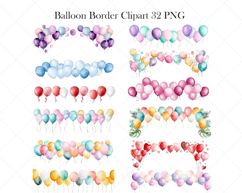 Balloon Border Clipart, Watercolor Balloon PNG, Birthday Decor, Balloon ...
