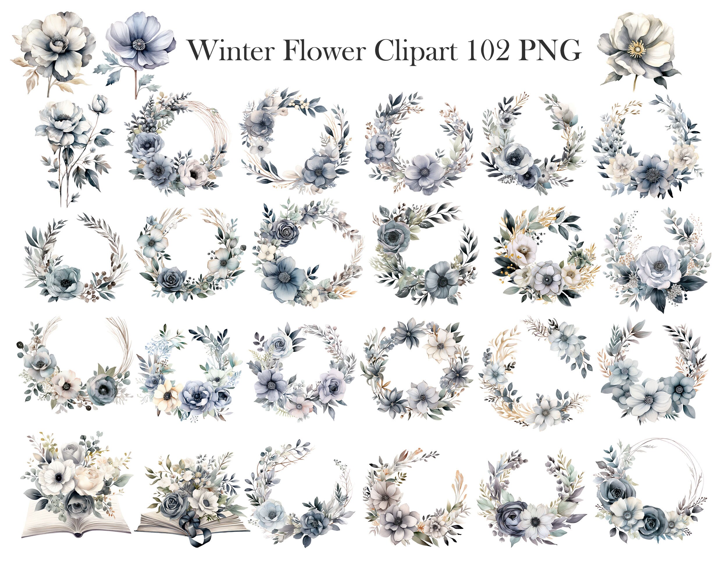 Winter Flower PNG, Watercolor Winter Floral Clipart Bundle, Grey Flower ...