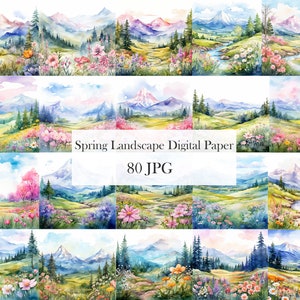 Spring Landscape Digital Paper, Watercolor Spring Scene Background ...