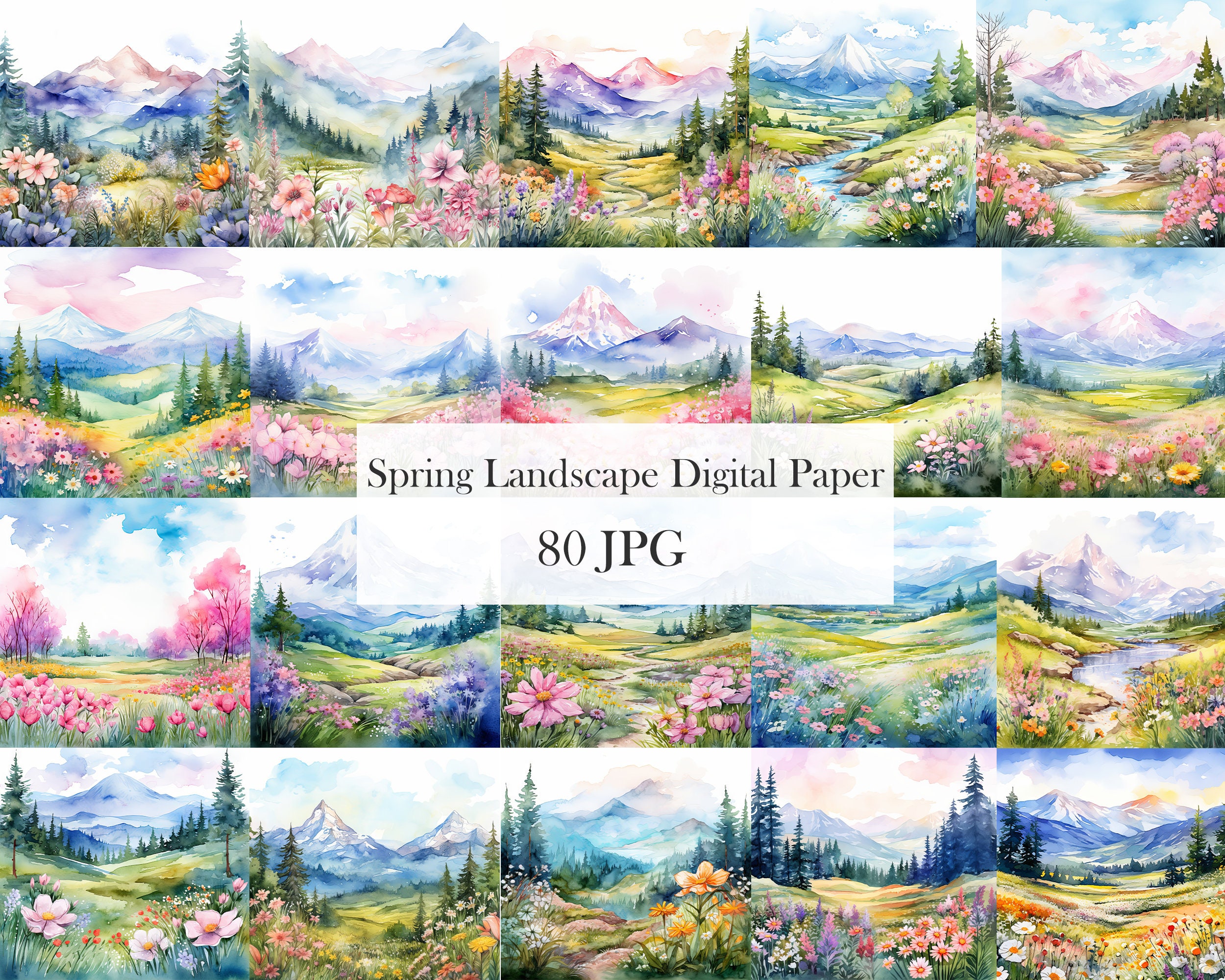 Spring Landscape Digital Paper, Watercolor Spring Scene Background ...