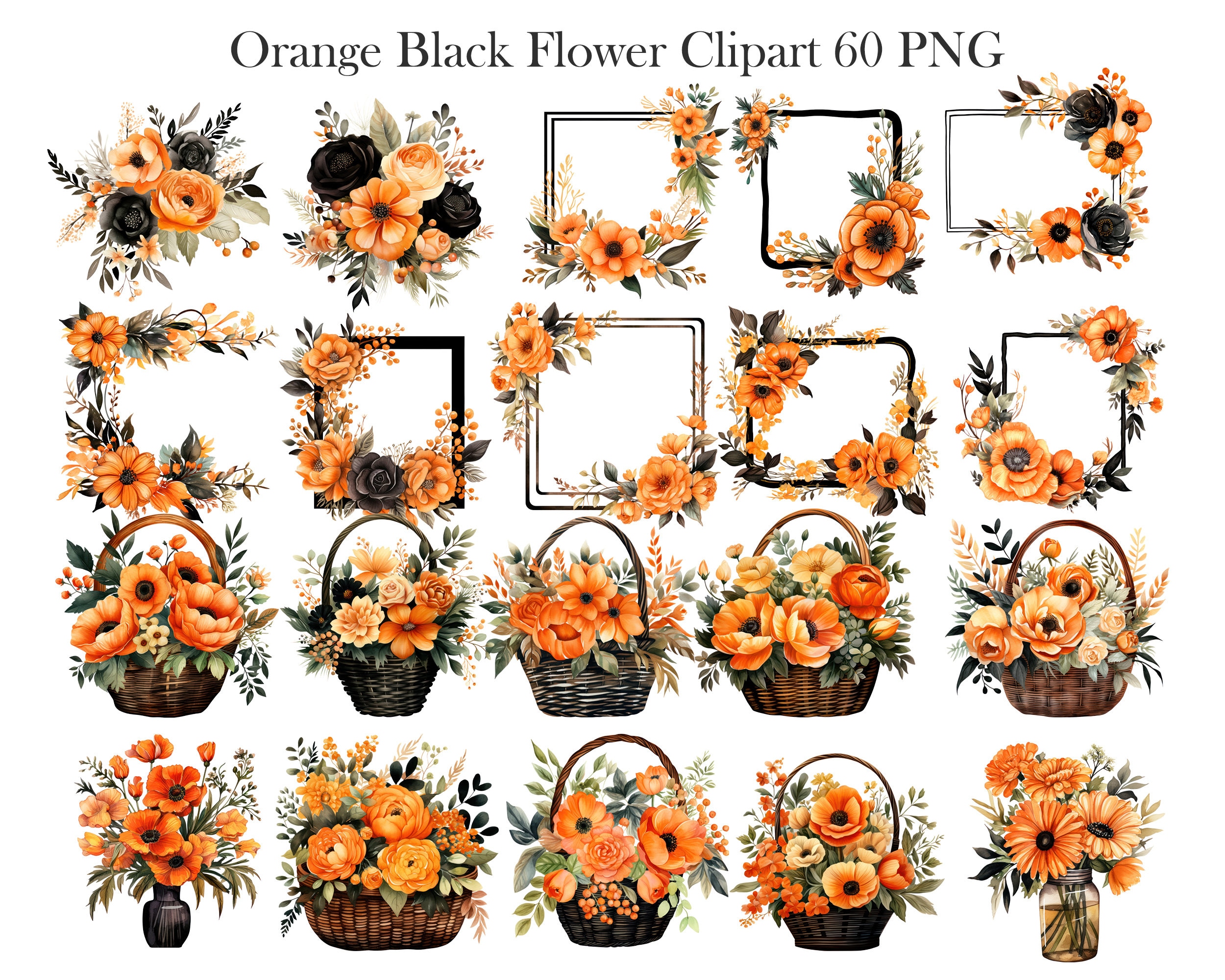 Orange Black Flower PNG, Watercolor Orange Floral Clipart, Bouquet ...