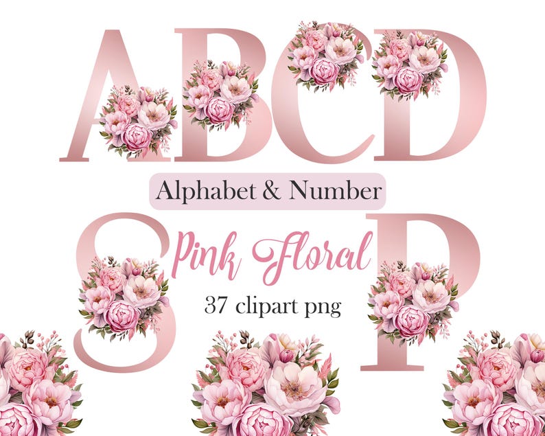 Pink Flower Alphabet PNG, Floral Alphabet Clipart, Letters, Number ...