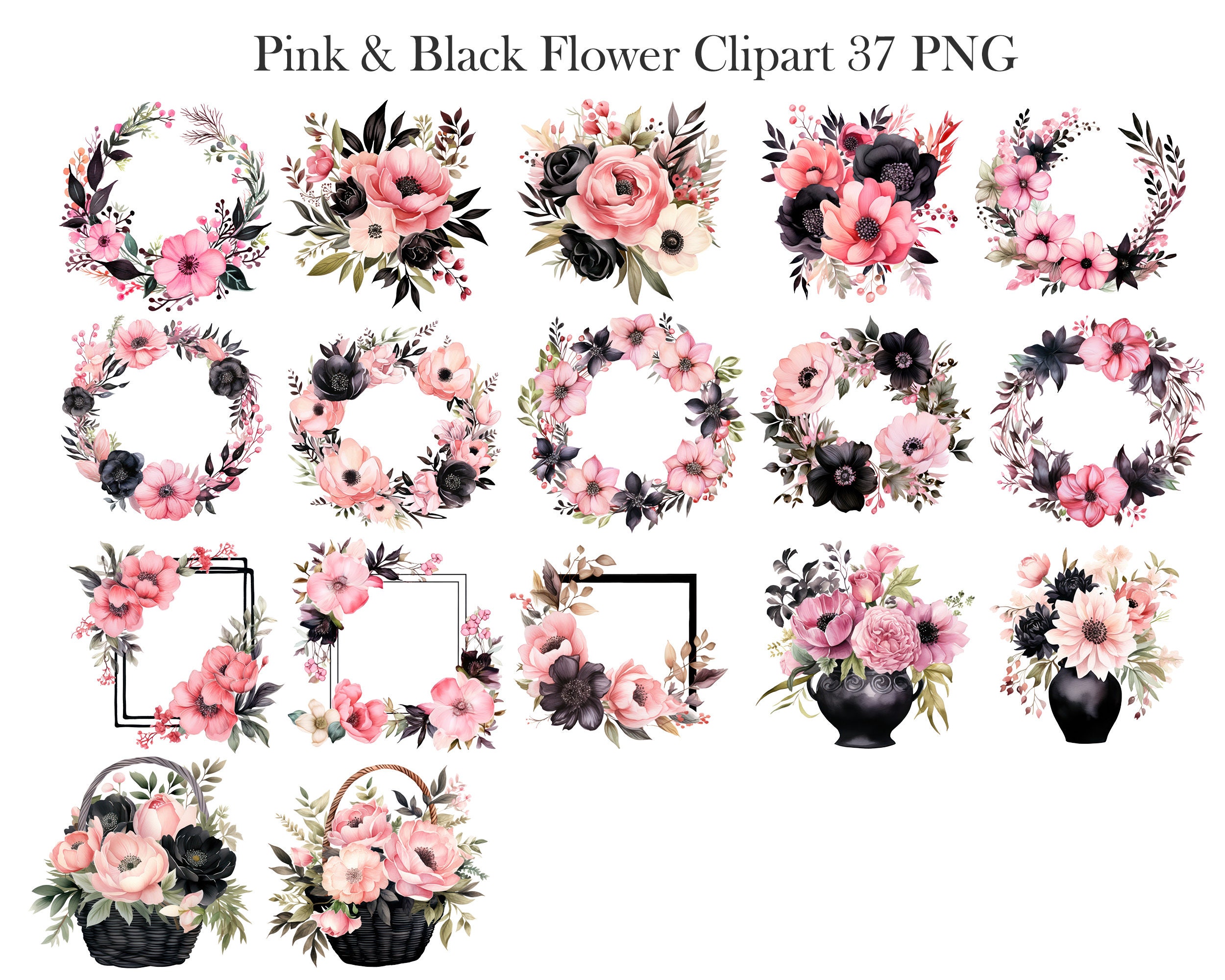 Pink Flower and Black PNG, Watercolor Pink Floral Clipart, Flower ...